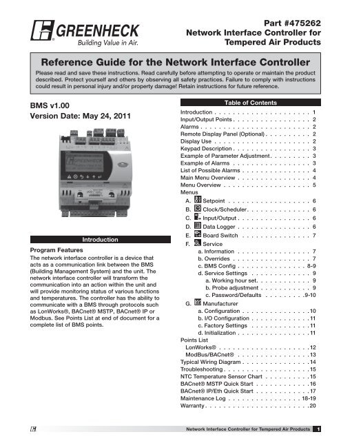 Reference Guide for the Network Interface Controller - Greenheck