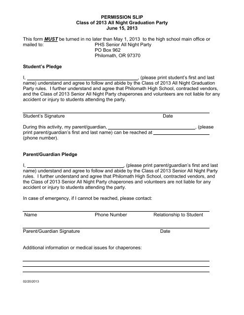 Senior All-Night Party Permission Slip