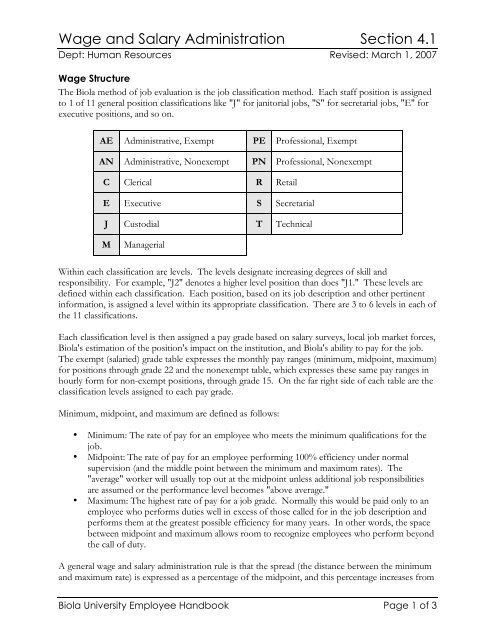 Wage and Salary Administration Section 4.1 - Biola - Biola University