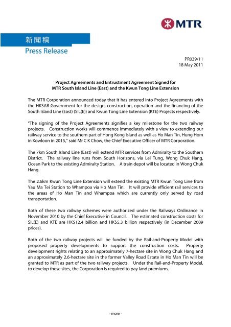 Project Agreements and Entrustment Agreement Signed for MTR ...