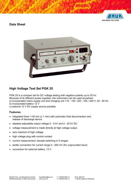 Data Sheet High Voltage Test Set PGK 25 - HV TECHNOLOGIES, Inc.
