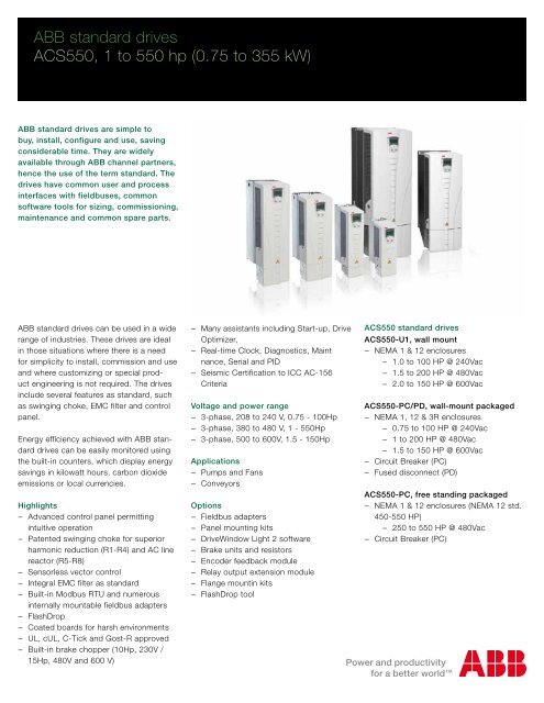 ABB standard drives ACS550, 1 to 550 hp (0.75 to 355 kW)