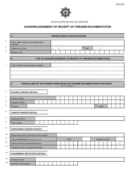 acknowledgement of receipt of firearm documentation - Saps