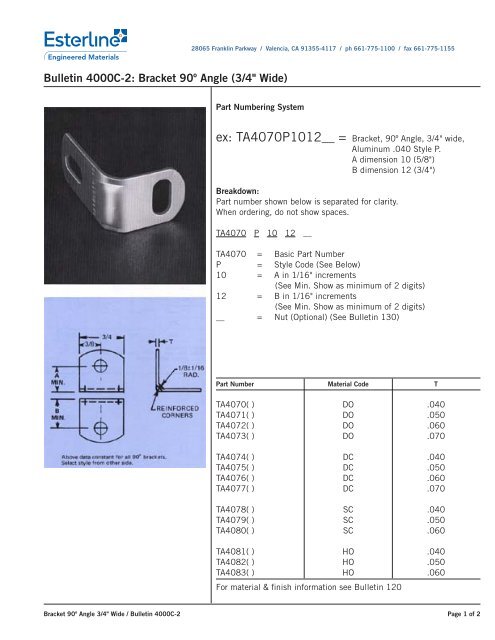 Bulletin 4000C-2: Bracket 90Âº Angle (3/4" Wide) - Esterline