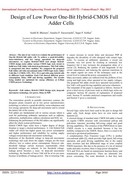 Design of Low Power One-Bit Hybrid-CMOS Full Adder Cells - IJETT ...