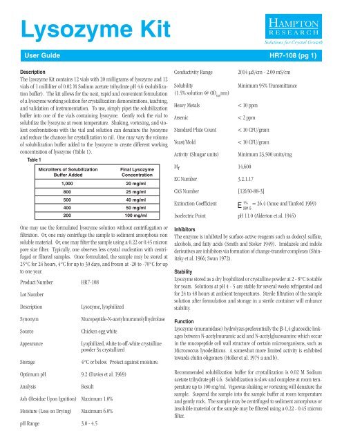 HR7-108 Lysozyme Kit User Guide - Hampton Research