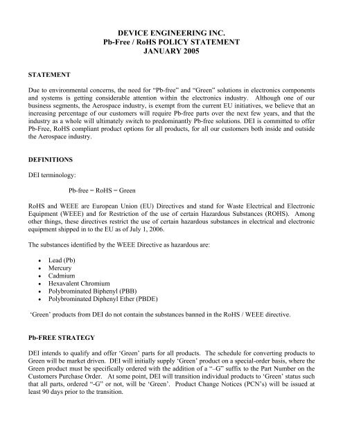 DEVICE ENGINEERING INC. Pb-Free / RoHS POLICY STATEMENT ...