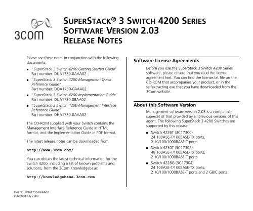 superstack ® 3 switch 4200 series software version 2.03 release notes