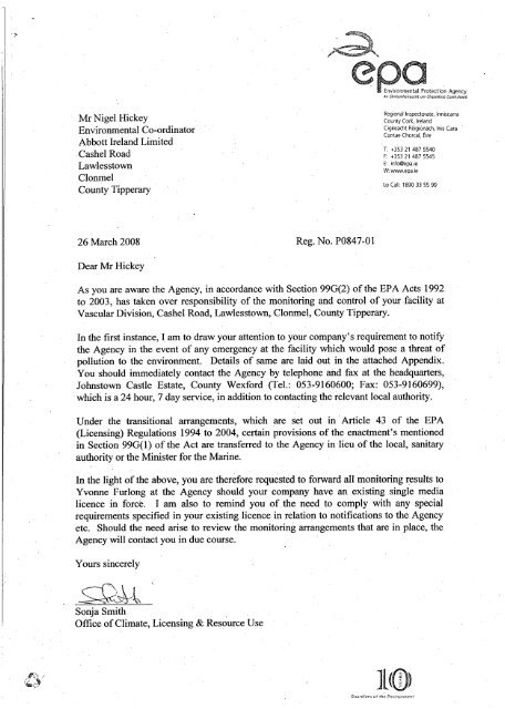 Letter to Applicant - Re Monitoring - Environmental Protection Agency