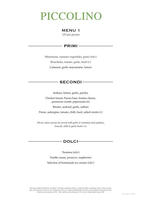 Private Dining menu - Individual Restaurants