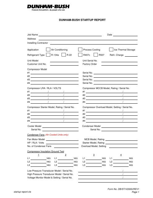 Air Cooled Scroll Chiller Start-up Report - Dunham-Bush Americas