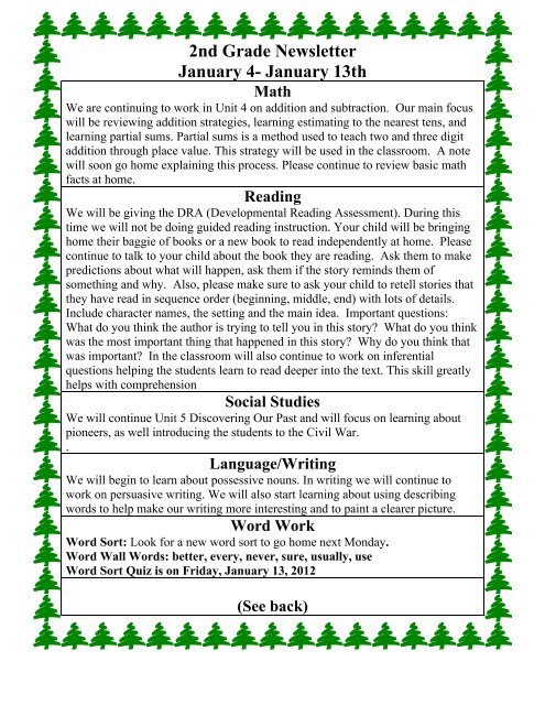 2nd Grade Newsletter January 4- January 13th Math