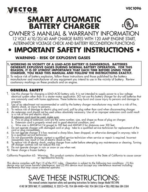Vector Battery Charger Instruction Manual