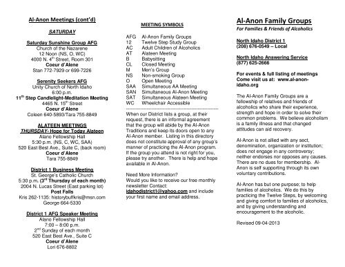Anon Meetings (cont'd) - Al-Anon/Alateen