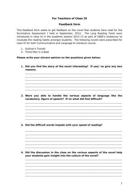 1 For Teachers of Class IX Feedback form - CBSE