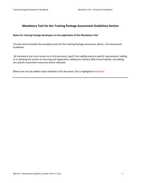 Mandatory Text for the Training Package Assessment Guidelines