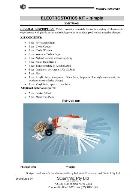 Electrostatics Kit - simple, Instruction Sheets - Scientrific