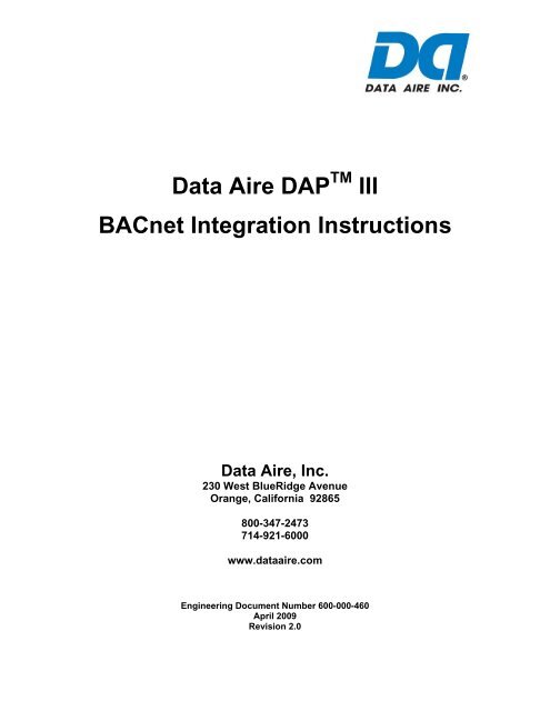 Data Aire DAP III BACnet Integration Instructions
