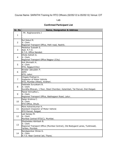 Course Name- SARATHI Training for RTO Officers (02/05 ... - yashada