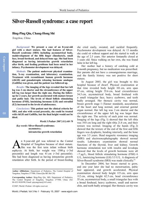 Silver-Russell syndrome: a case report - World Journal of Pediatrics