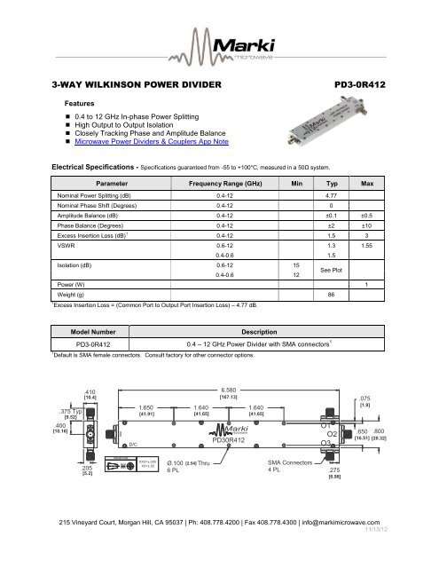 3-WAY WILKINSON POWER DIVIDER PD3-0R412 - Marki Microwave