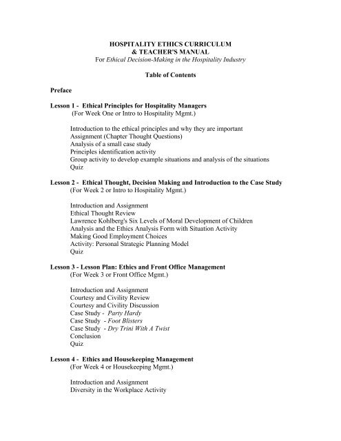 HOSPITALITY ETHICS CURRICULUM & TEACHER'S MANUAL For ...