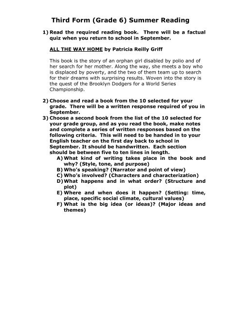 Third Form (Grade 6) Summer Reading - Eaglebrook School