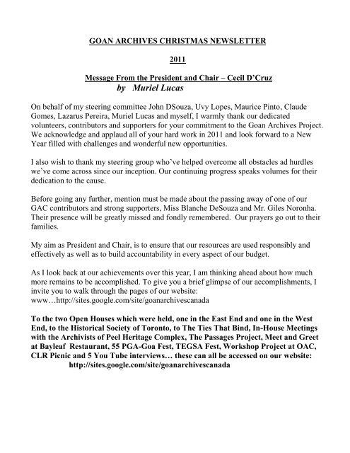 GOAN ARCHIVES CHRISTMAS NEWSLETTER - Goan Voice, Canada