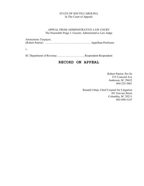 RECORD ON APPEAL - Patriot Network