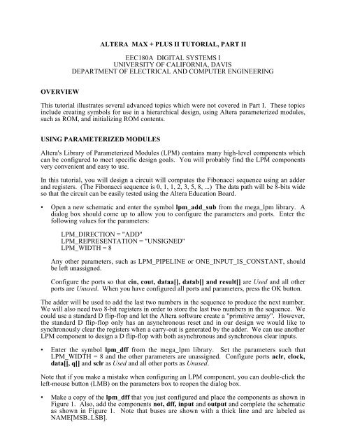 altera max + plus ii tutorial, part ii eec180a digital systems i ...