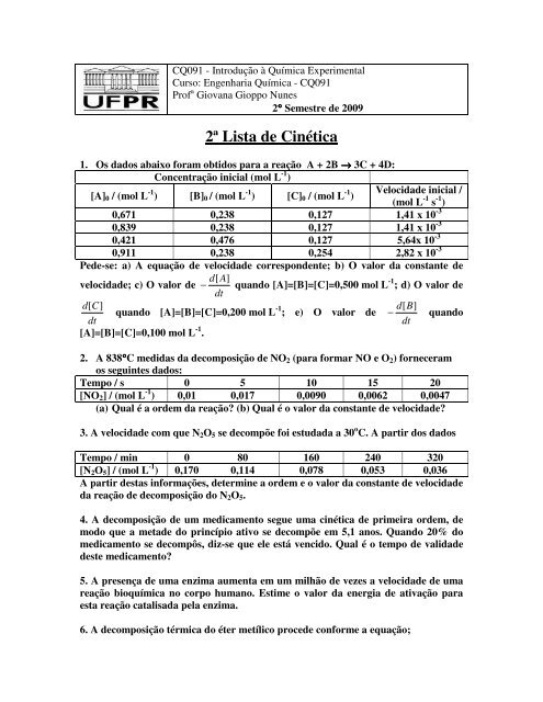 2Âª Lista de CinÃ©tica