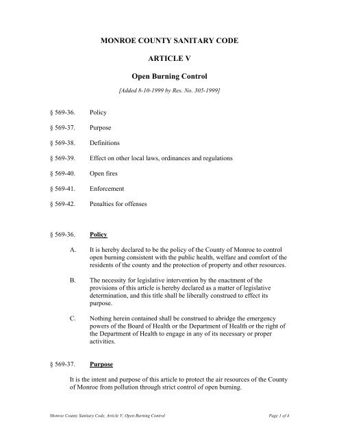 MONROE COUNTY SANITARY CODE ARTICLE V Open Burning ...
