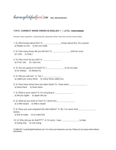 TOPIC: CORRECT WORD ORDER IN ENGLISH 1 - Learn English ...