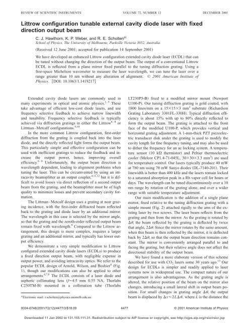 Littrow configuration tunable external cavity diode laser with fixed ...