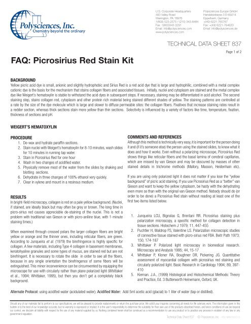 Data Sheet #837: FAQ: Picrosirius Red Stain Kit - Polysciences, Inc.