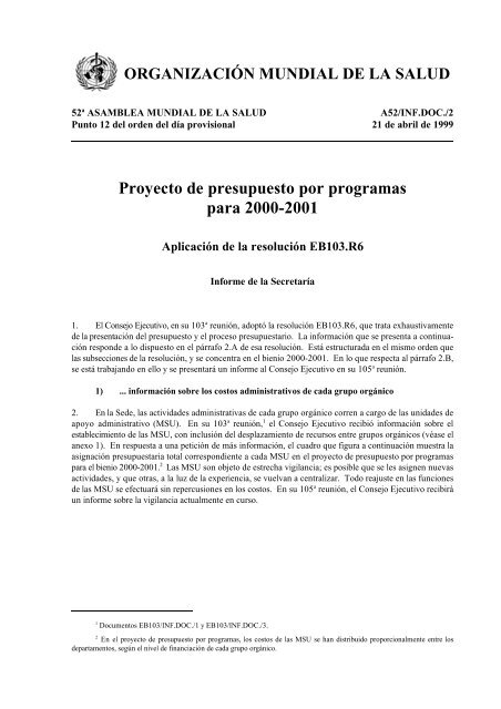 Proyecto de presupuesto por programas para 2000-2001 Aplicación ...