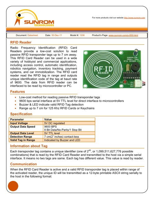 RFID Reader Features Specification Information about Tag ...