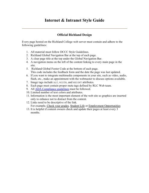 Internet & Intranet Style Guide - Richland College of the