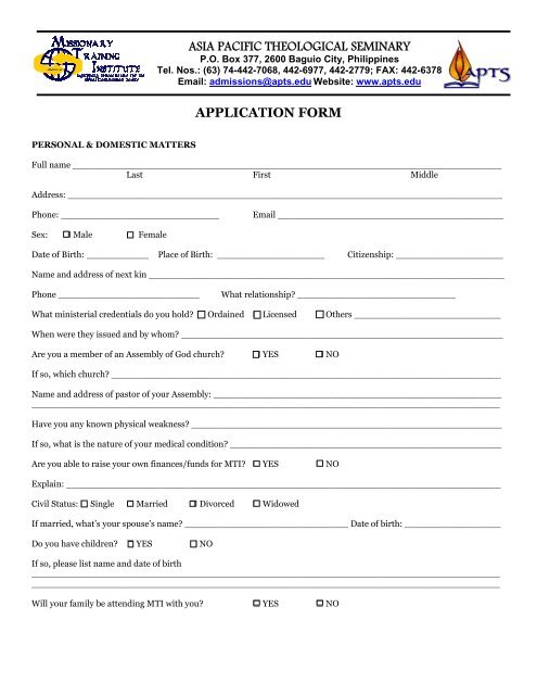 MTI Application Form - Asia Pacific Theological Seminary