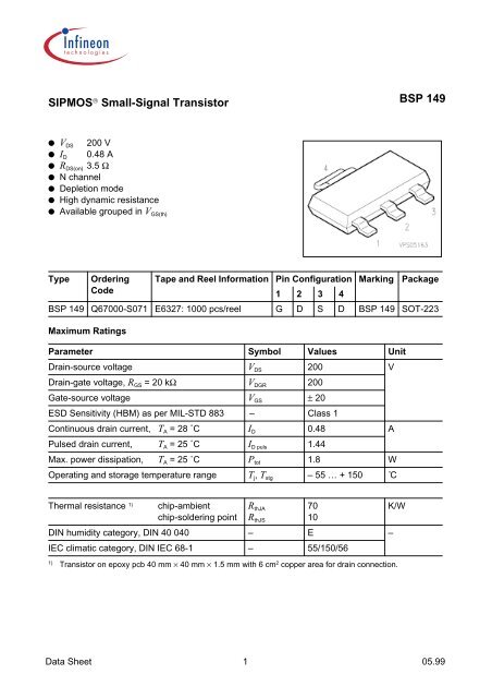 SIPMOS Small-Signal Transistor BSP 149 - Elfa