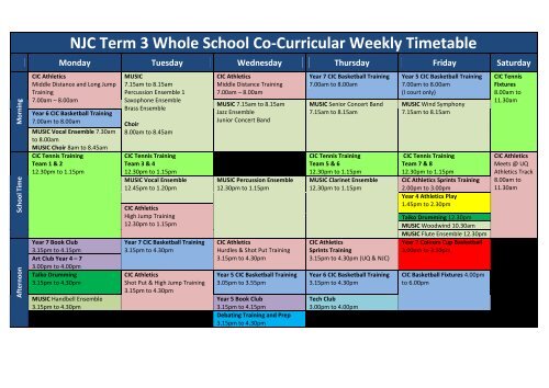 NJC Term 3 Whole School Co-Curricular Weekly Timetable