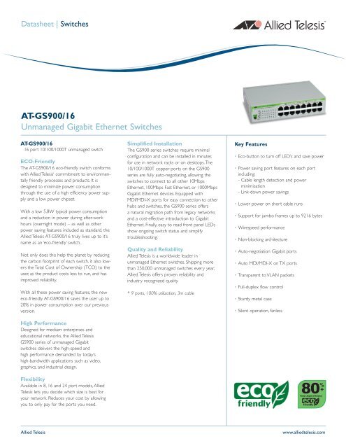 Download AT-GS900/16 Datasheet - Allied Telesis