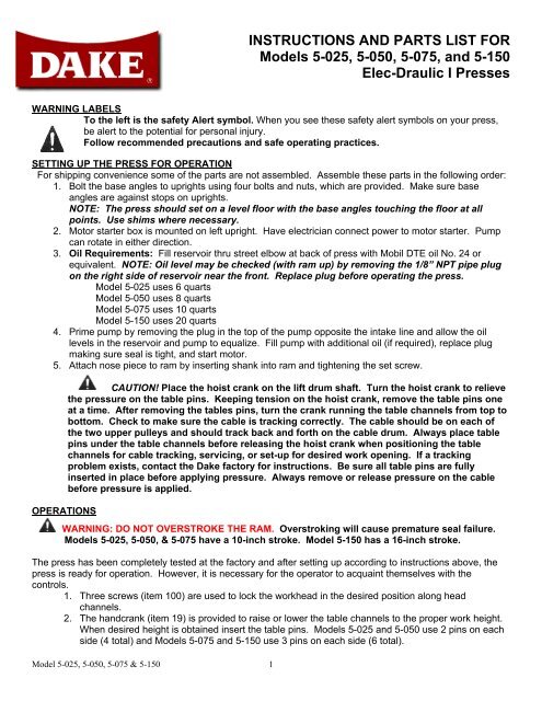 INSTRUCTIONS AND PARTS LIST FOR Models 5-025, 5 ... - Dake