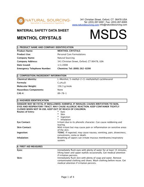 (MSDS) Menthol Crystals - Natural Sourcing, LLC