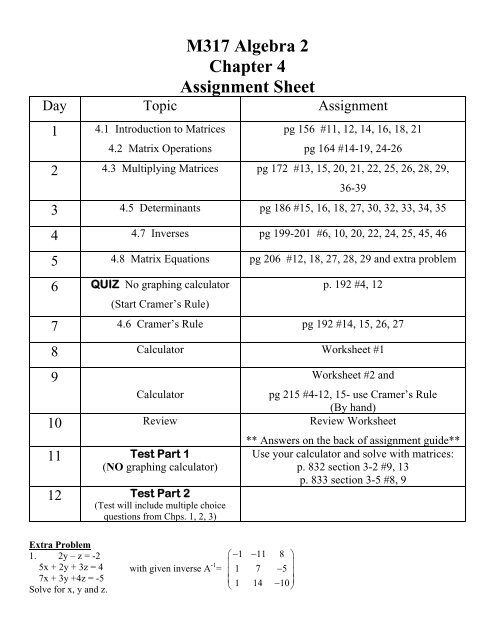 M317 Algebra 2 Chapter 4 Assignment Sheet