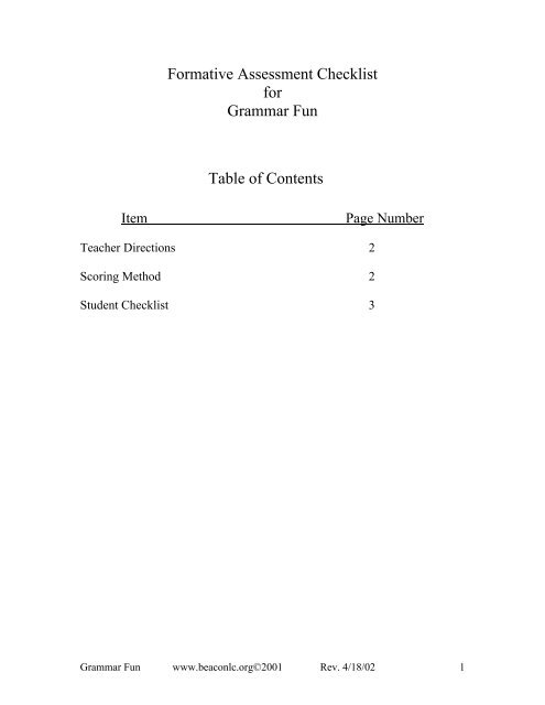 Formative Assessment Checklist (PDF) - Beacon Learning Center