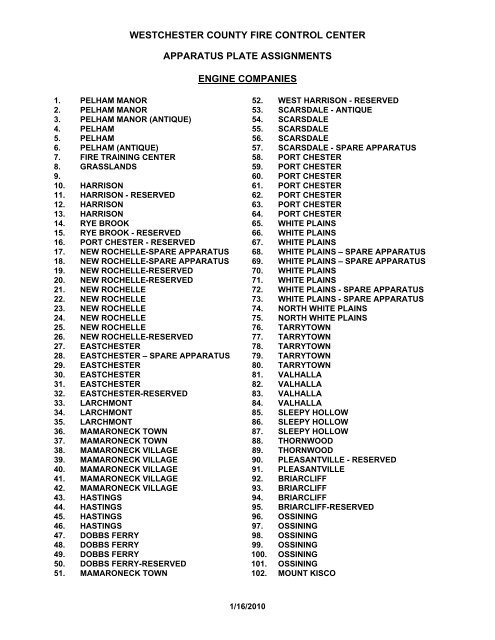westchester county fire control center apparatus plate assignments ...
