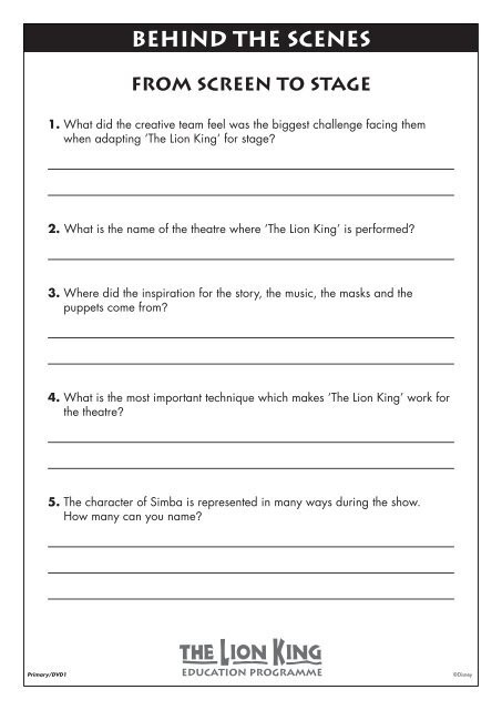Primary Comprehension Questionnaire - The Lion King Education ...