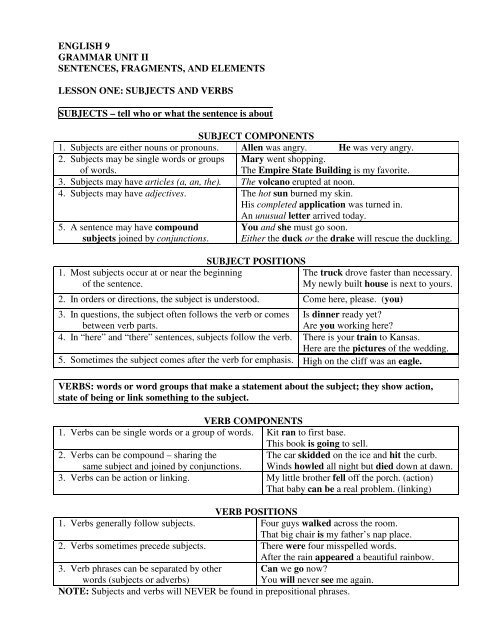 ENGLISH 9 GRAMMAR UNIT II SENTENCES, FRAGMENTS, AND ...