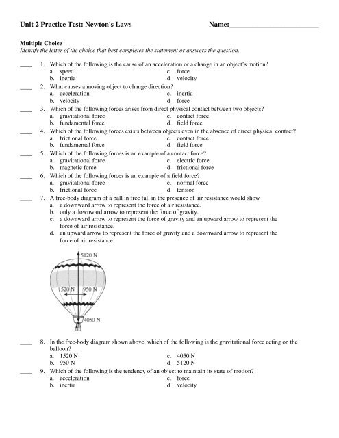 Unit 2 Practice Test: Newton's Laws Name - Mona Shores Blogs